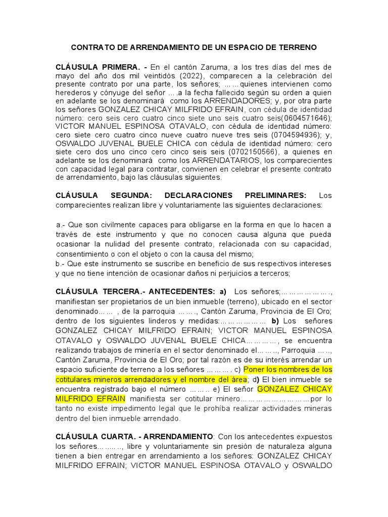 Contrato de Arriendo Terreno Victor | PDF | Minería | Derecho privado