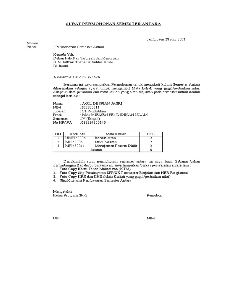 Surat Permohonan Semester Antara | PDF