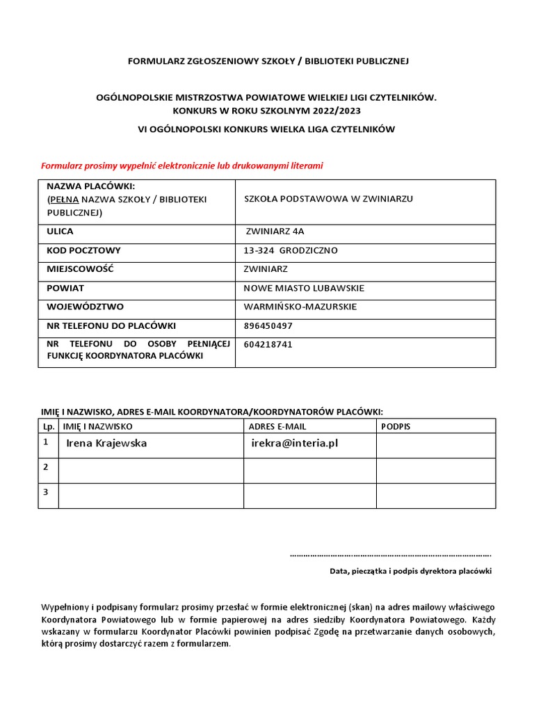 Formularz Zgloszenia Placowka-2022 | PDF