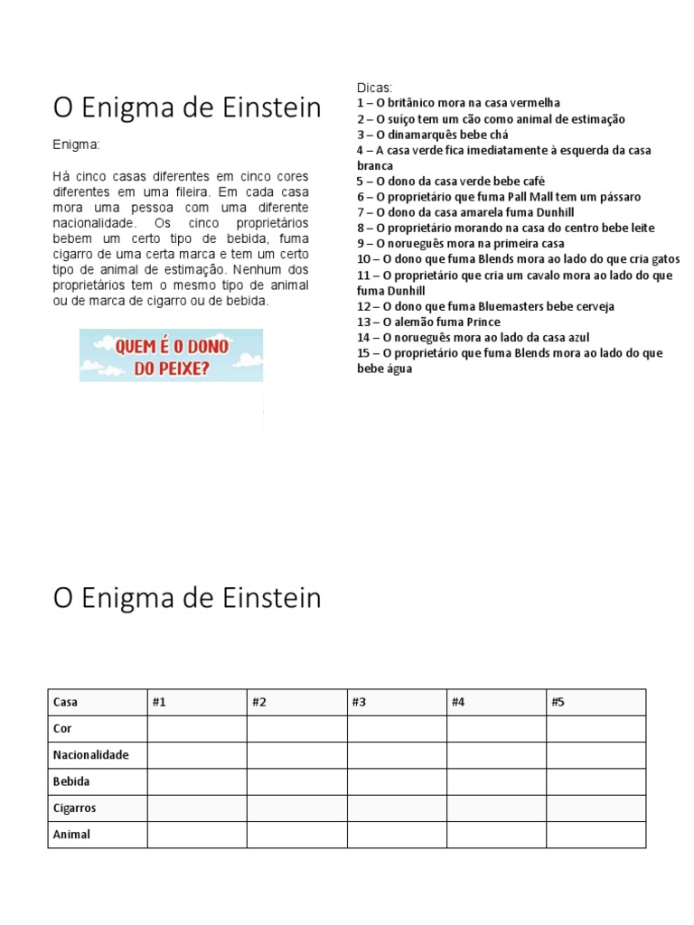 Actividade Enigma de Einstein 1 | PDF