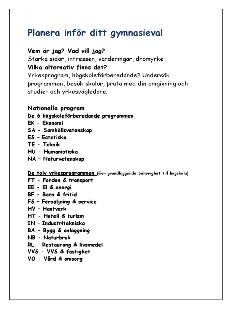 Gymnasieskolan. Åk 8 Planera | PDF