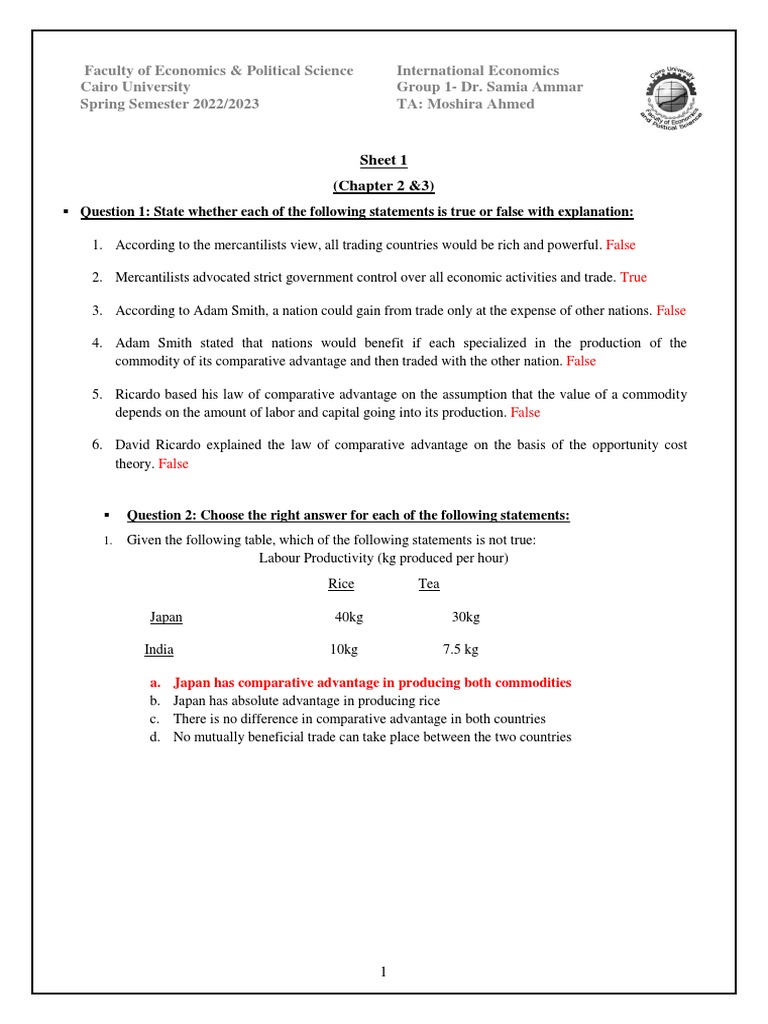 Answers - Sheet 1 International Eco PDF | PDF | Comparative Advantage ...