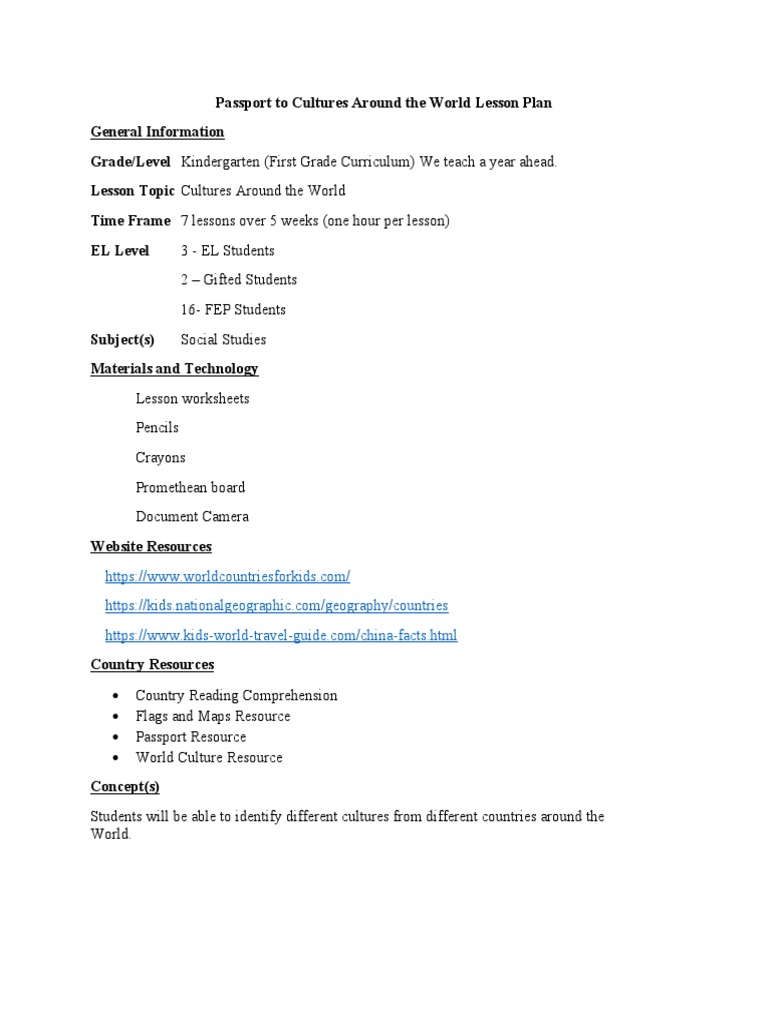 Passport To Cultures Around The World Lesson Plan | PDF