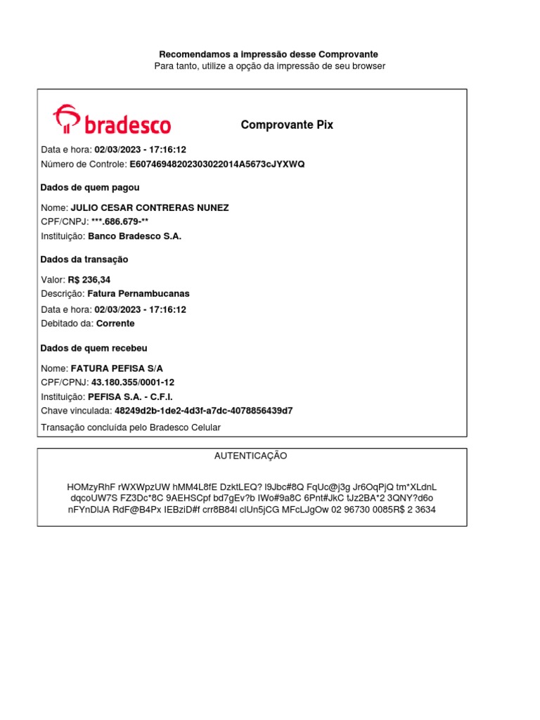 Comprovante Pix: Recomendamos A Impressão Desse Comprovante | PDF