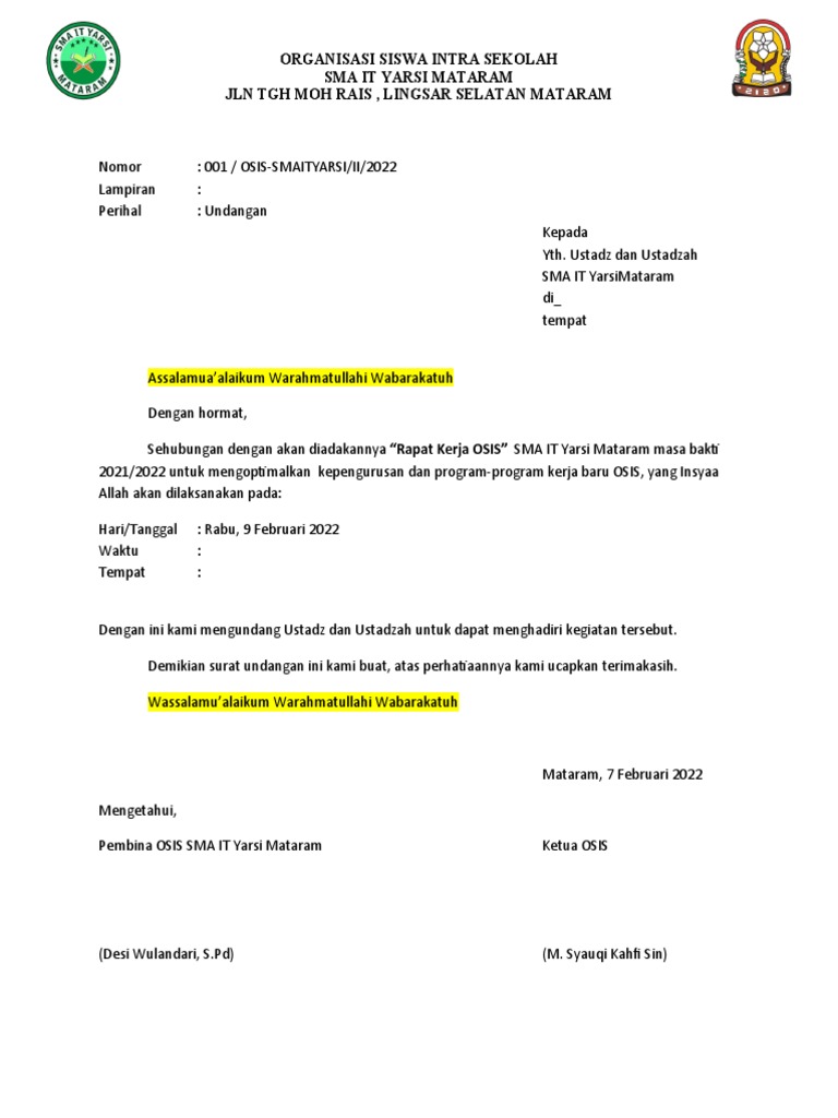 Undangan Rapat Kerja OSIS SMA IT Yarsi | PDF