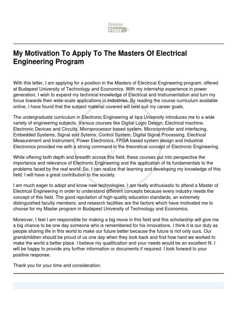 My Motivation To Apply To The Masters of Electrical Engineering Program ...