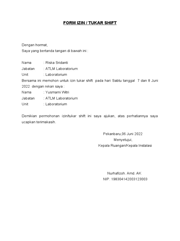 Formulir Izin Tukar Shift Kerja | PDF