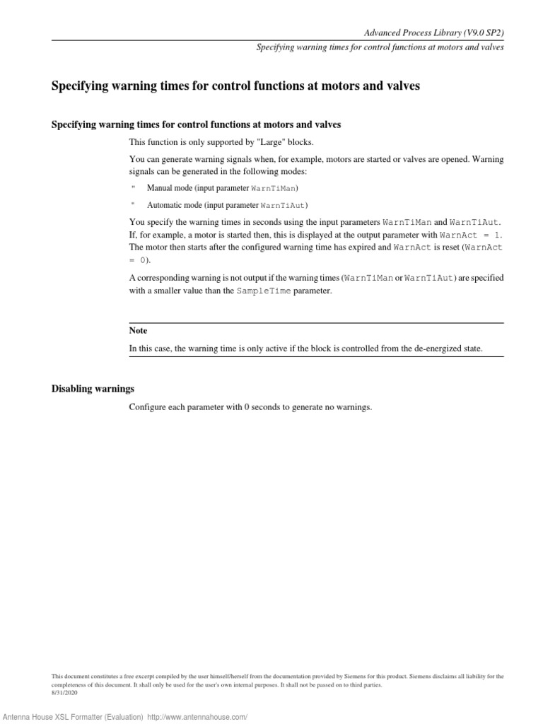 Pcs7 Specifying Warning Times For Control Functions At Motors And Valves Download Free Pdf 