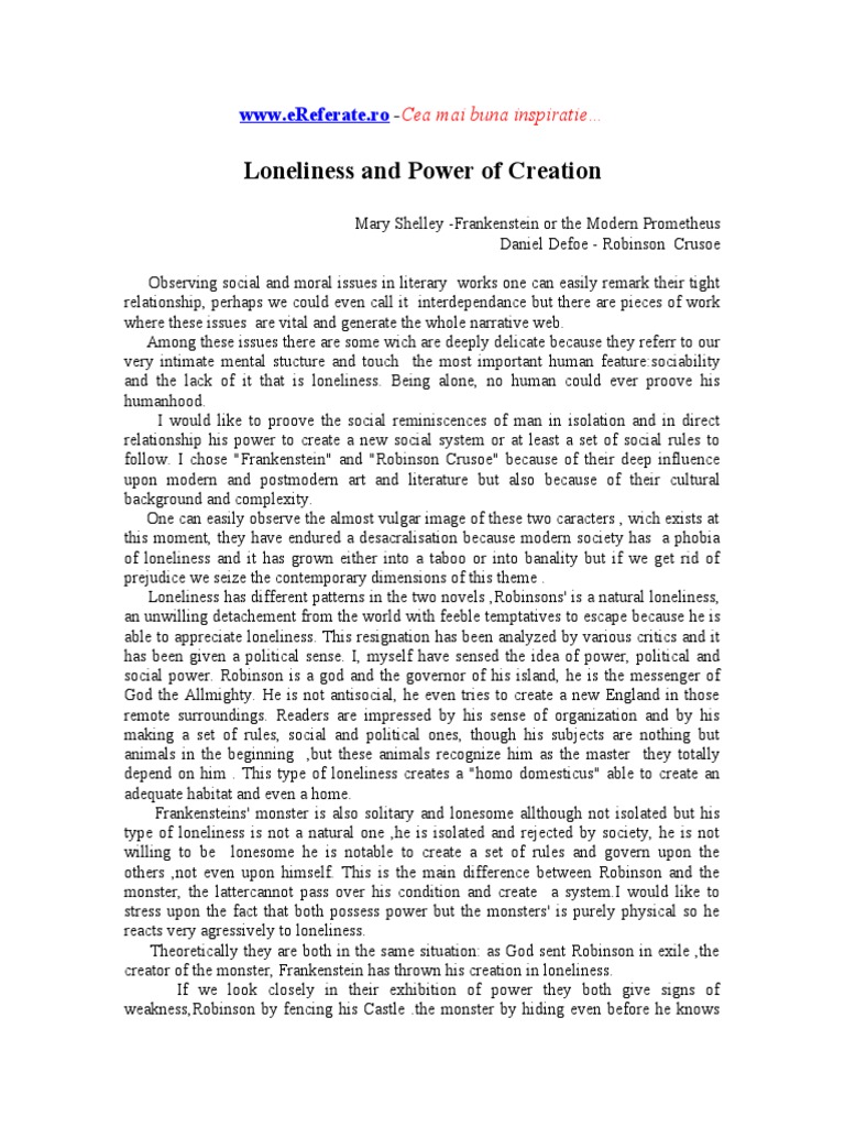 A Comparative Analysis of Loneliness and the Power of Creation in Mary ...