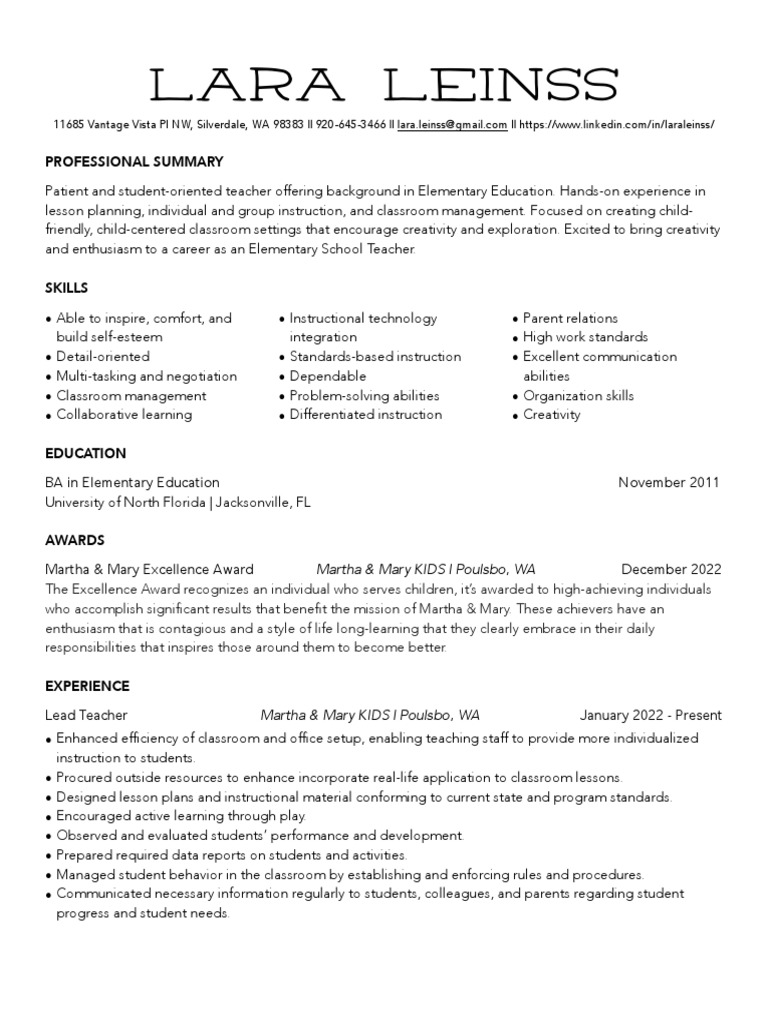 Lara Leinss Resume 2023 | PDF | Teachers | Classroom