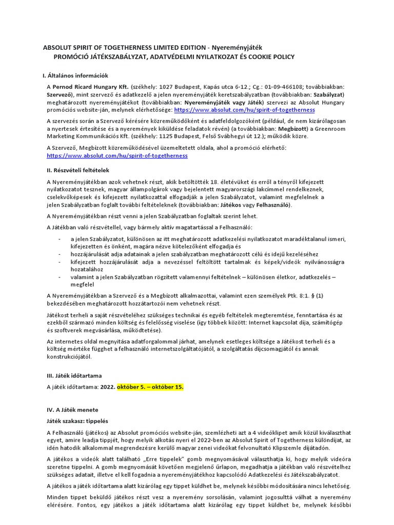 Nyeremenyjatek Jatekszabalyzat Es Adatkezelesi Nyilatkozat Absolut Sot Limed 220929 | PDF