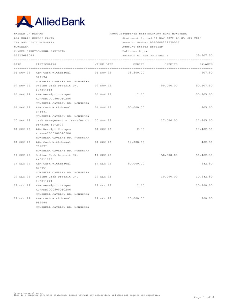REVE-Reversal Entry This Is A Computer-Generated Statement, Issued ...