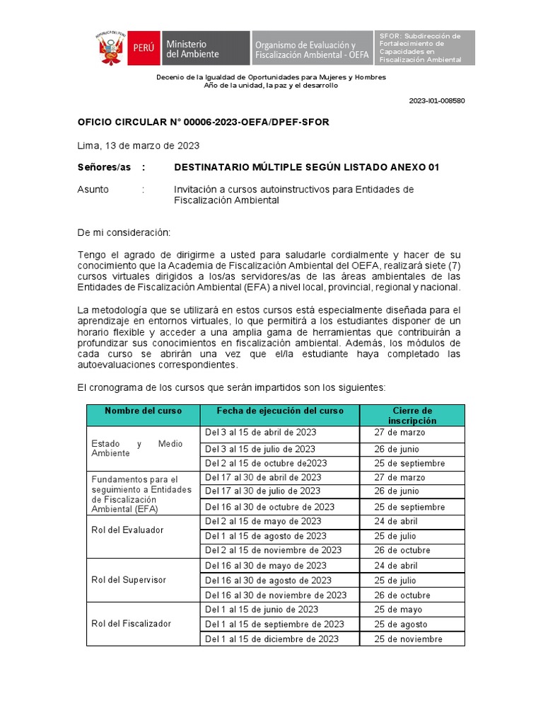 OFICIO CIRCULAR N 00006-2023-OEFA-DPEF-SFOR Invitación A Cursos Autoinstructivos para EFA VF ...