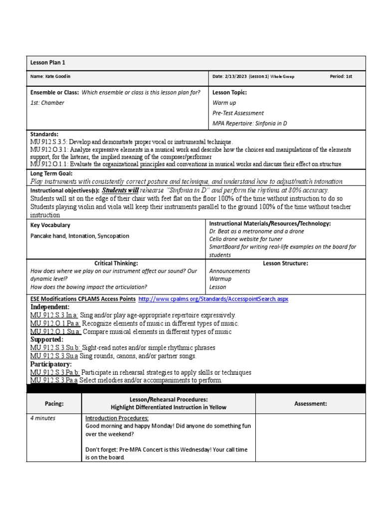 Lesson Plan 1 | Download Free PDF | Classroom Management | Violin