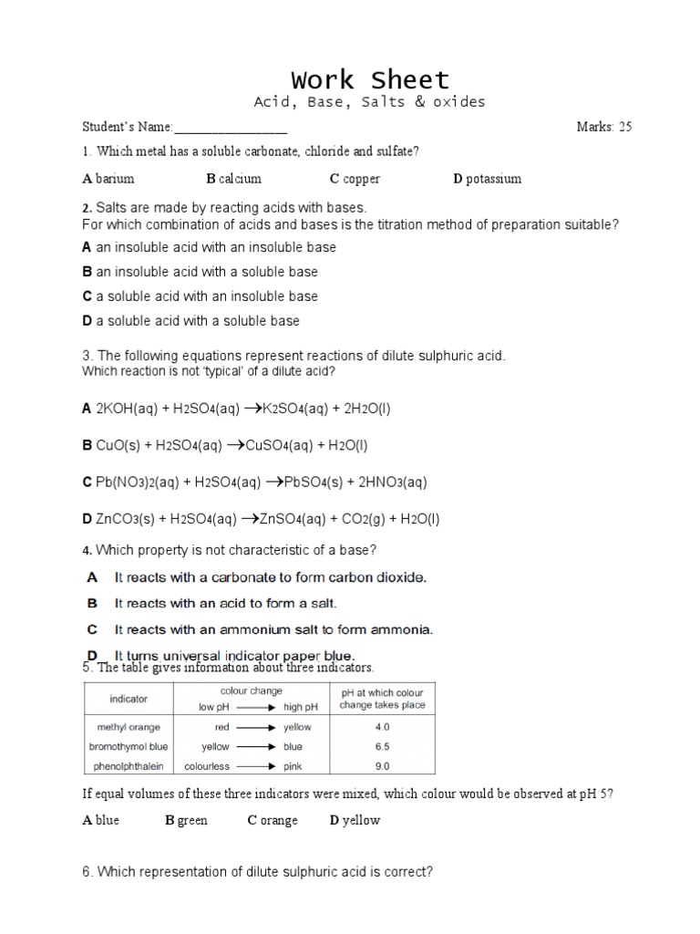 Acid Base & Salts Test 1 | PDF | Acid | Salt (Chemistry)
