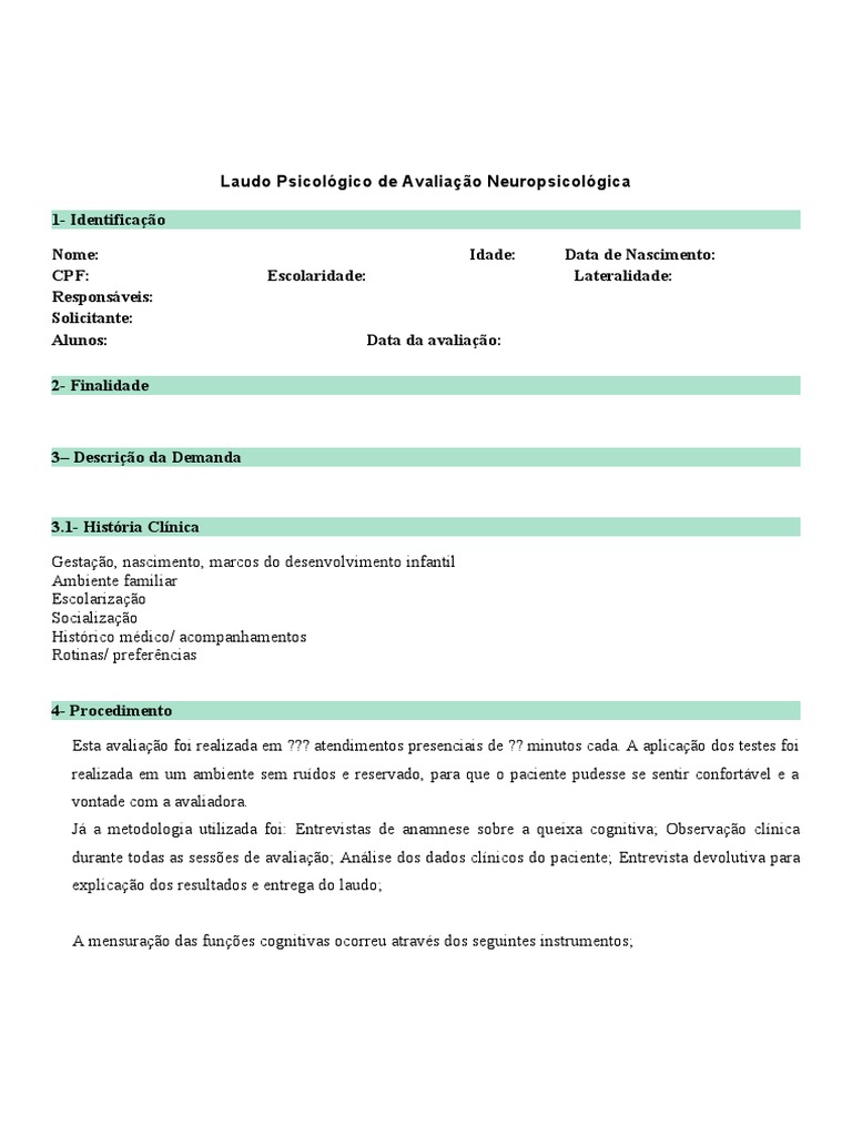Modelo de Laudo Neuropsicológico | PDF | Aprendizado | Quociente de inteligência
