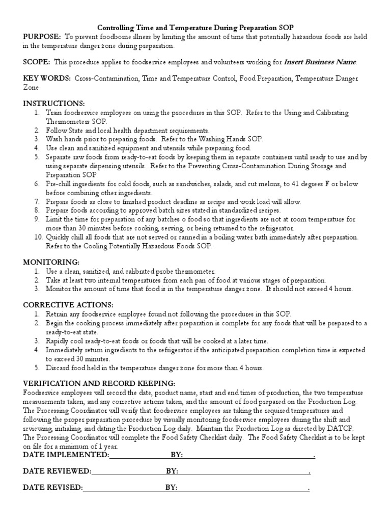 Time and Temperature Control SOP | PDF | Foodborne Illness | Food And Drink