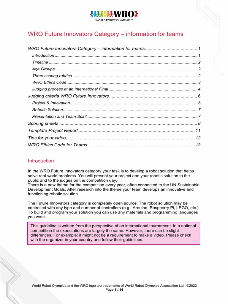 WRO 2022 Future Innovators Information For Teams Coaches | PDF | Robotics