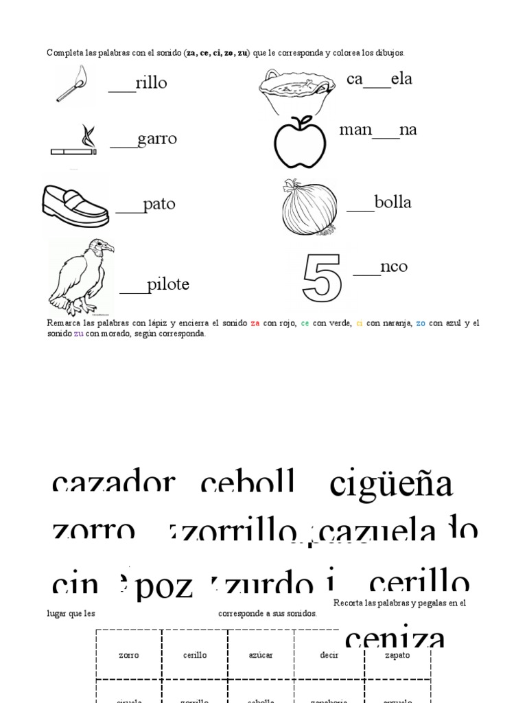Ejerjcicios Con Sonido ZA, CE, CI, ZO, ZU | PDF