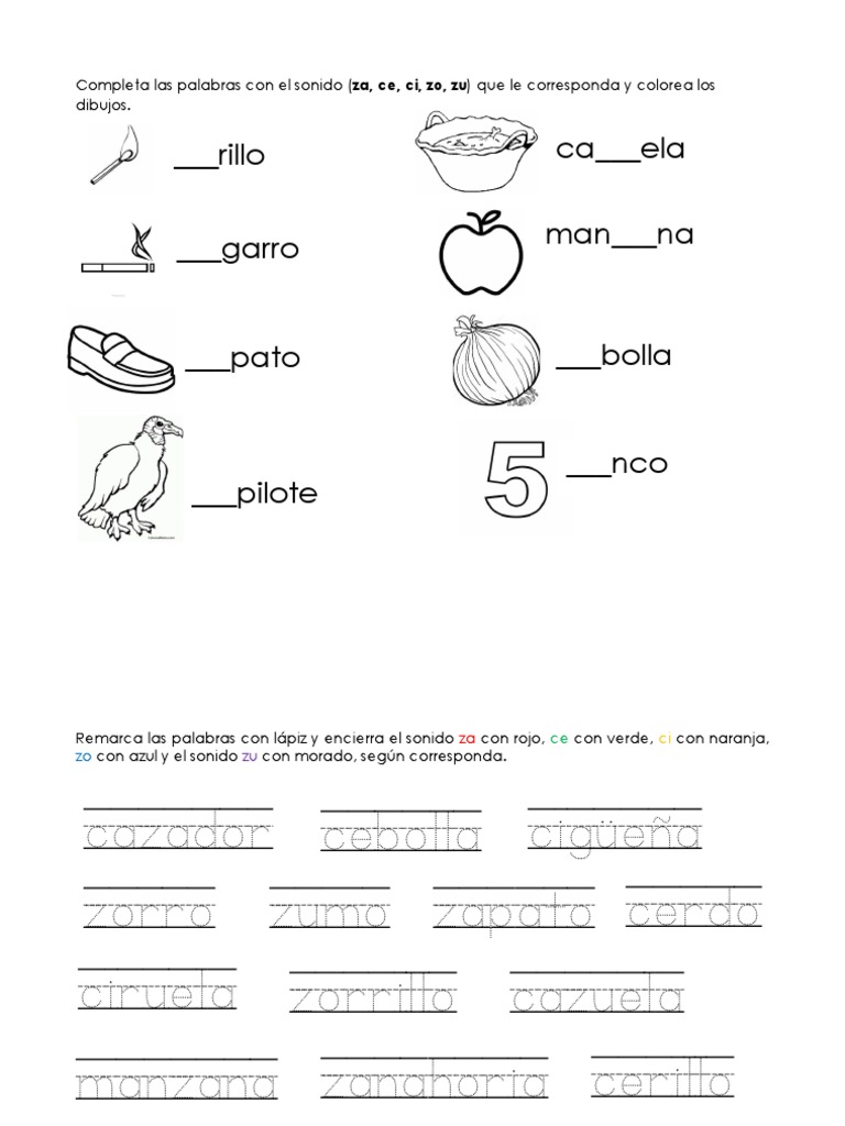Ejercicios de sílabas za, ce, ci, zo, zu | PDF
