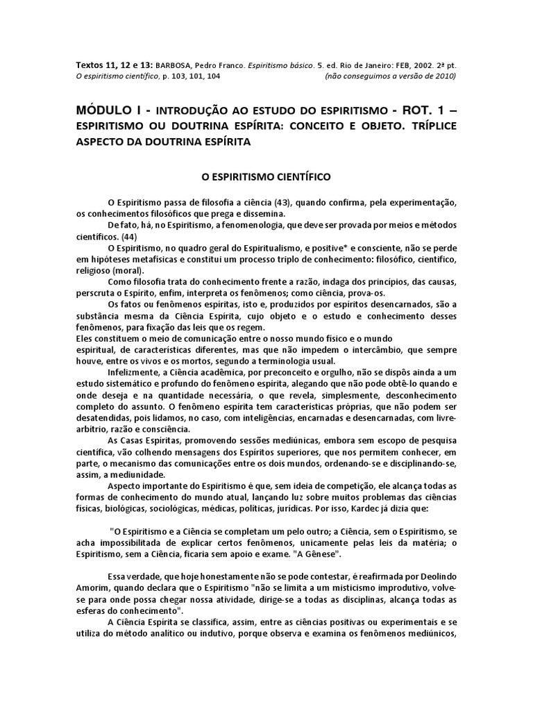 Módulo 1 - Roteiro 1 - Textos 11, 12 e 13 - Espiritismo Cientifico - Livro Espititismo Básico ...