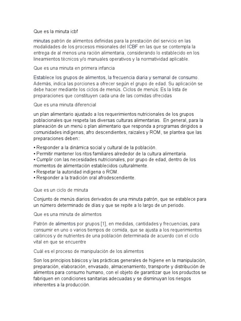 Minutas de Alimentos en el ICBF | PDF | Alimentos | Comida y bebida