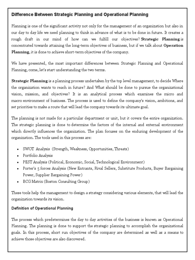 Strategic vs. Operational Planning | PDF | Strategic Planning | Goal