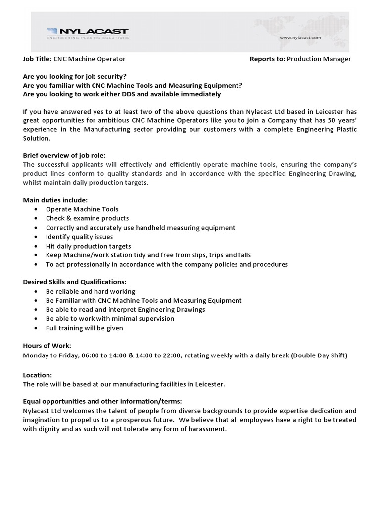 CNC Machine Operator Role in Leicester | PDF