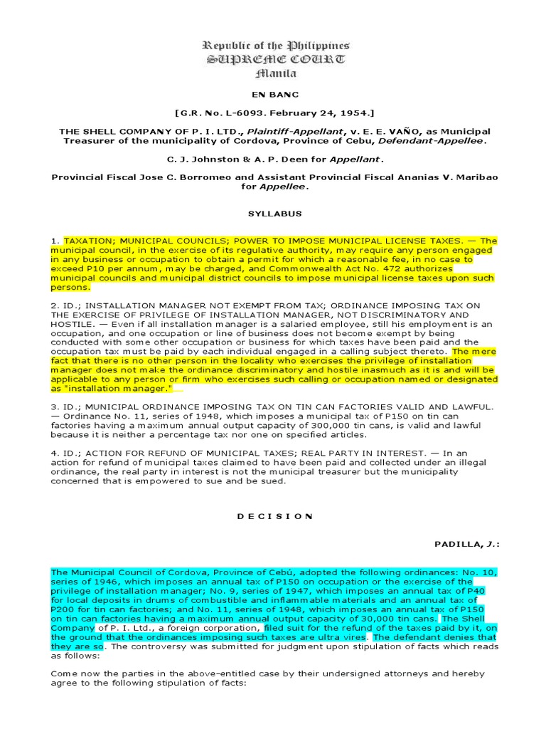 Shell v. Vano, G.R. No. L6093, 1954 | PDF | Taxes | Justice
