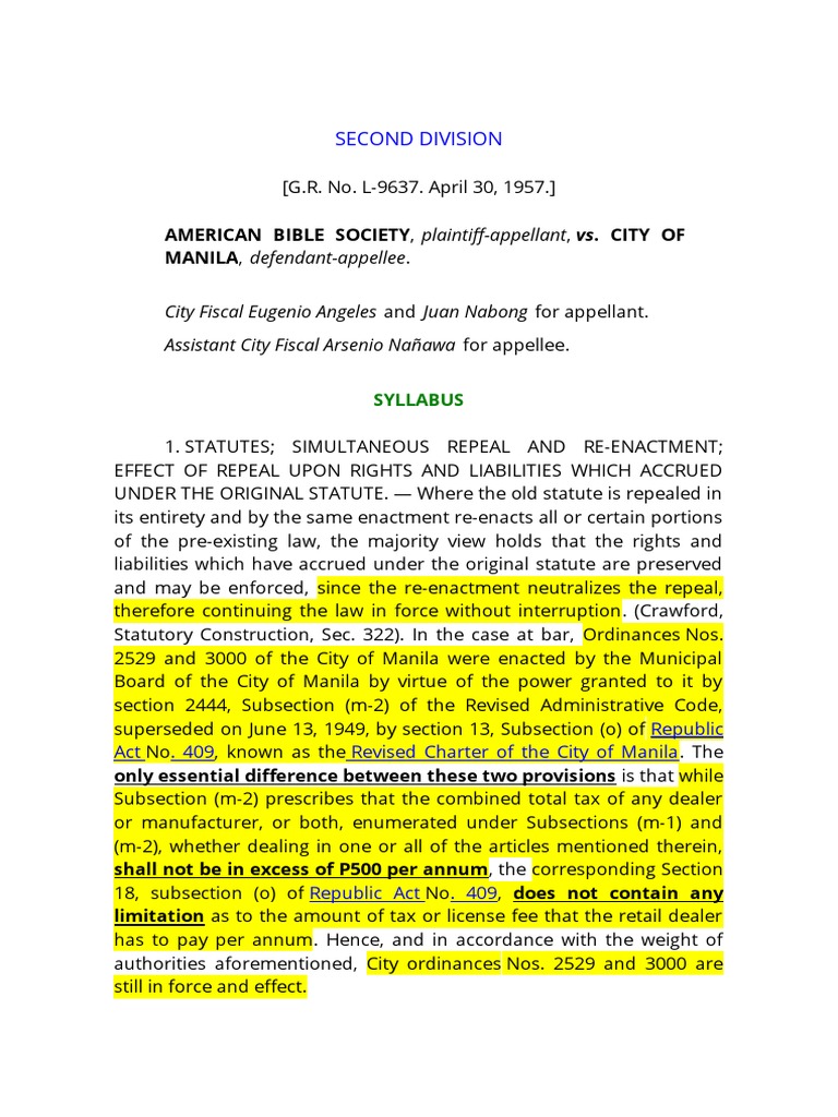 American Bible Society V City Of Manila G R No L 9637 1957 Pdf