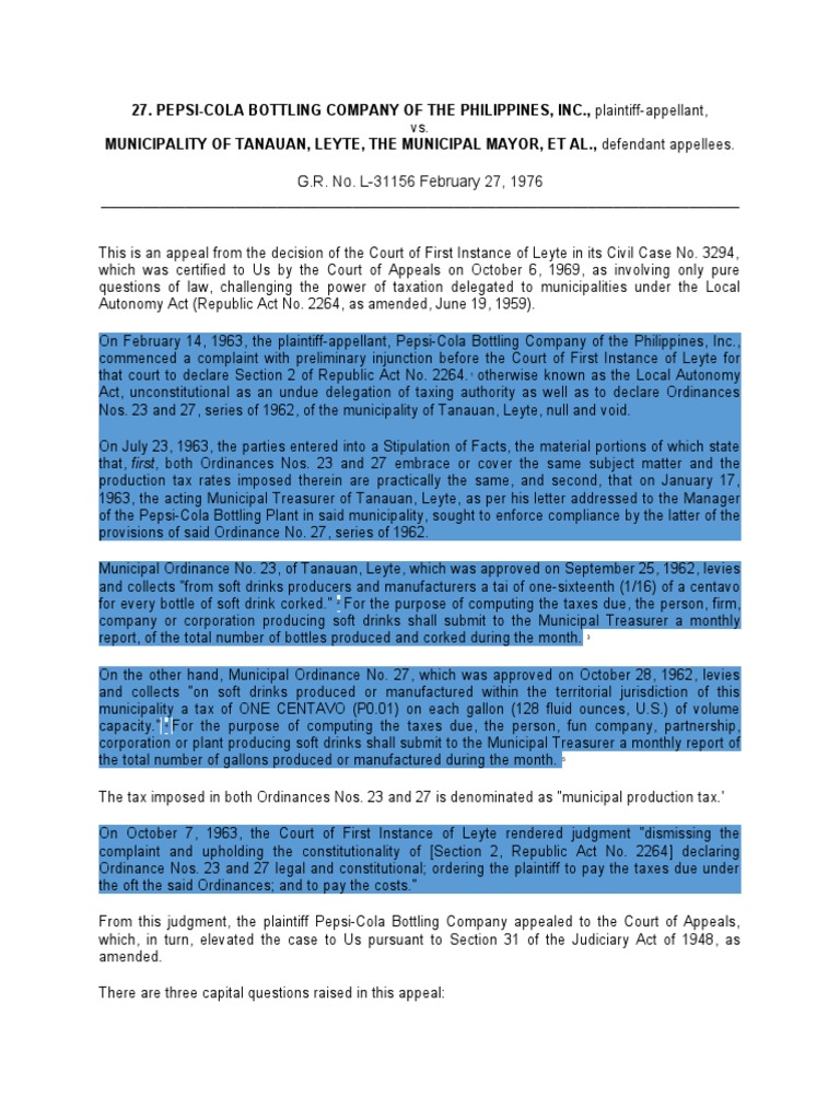 27.PEPSI-COLA BOTTLING COMPANY OF THE PHILIPPINES, INC v. Tanauan | PDF ...