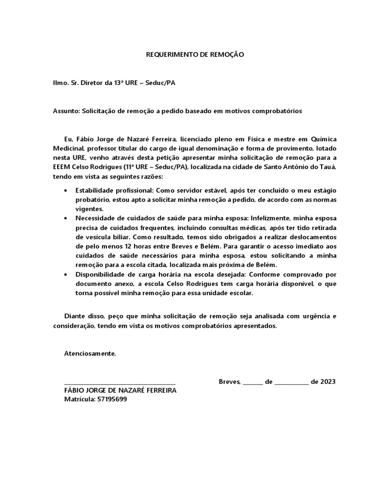 Requerimento de Remoção | PDF Requerimento de Remoção | PDF