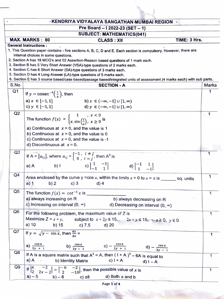 KENDRIYA VIDYALAYA SANGATHAN MATHEMATICS EXAM | PDF | Euclidean Vector | Linear Algebra