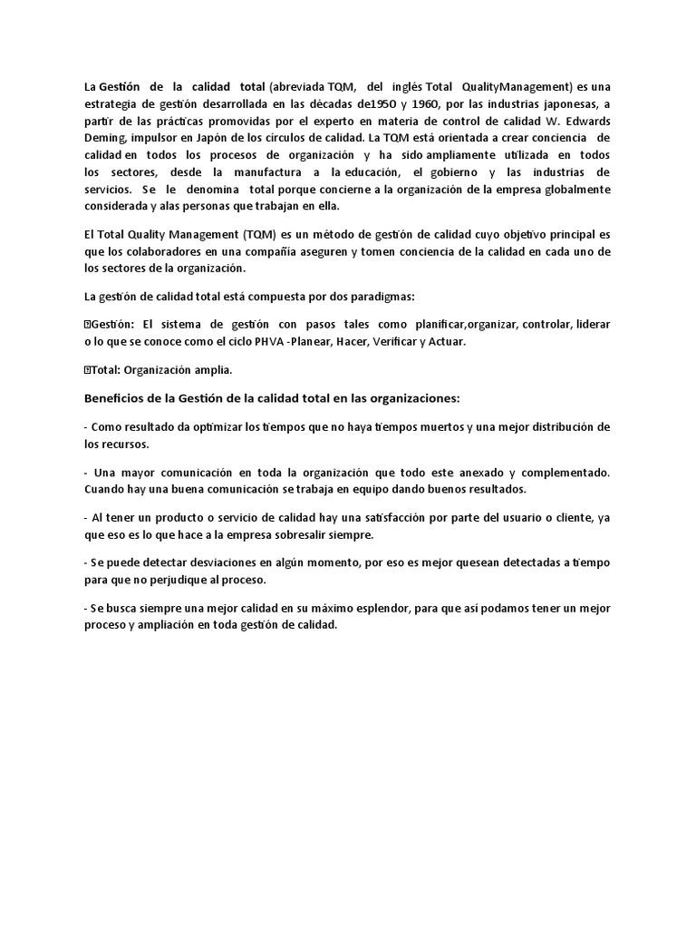 Gestión De Calidad Total Pdf Calidad Comercial Hacerse Un Nido