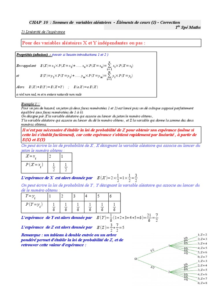 Sommes de Variables Aléatoires - Cours 1 Correction PDF | PDF
