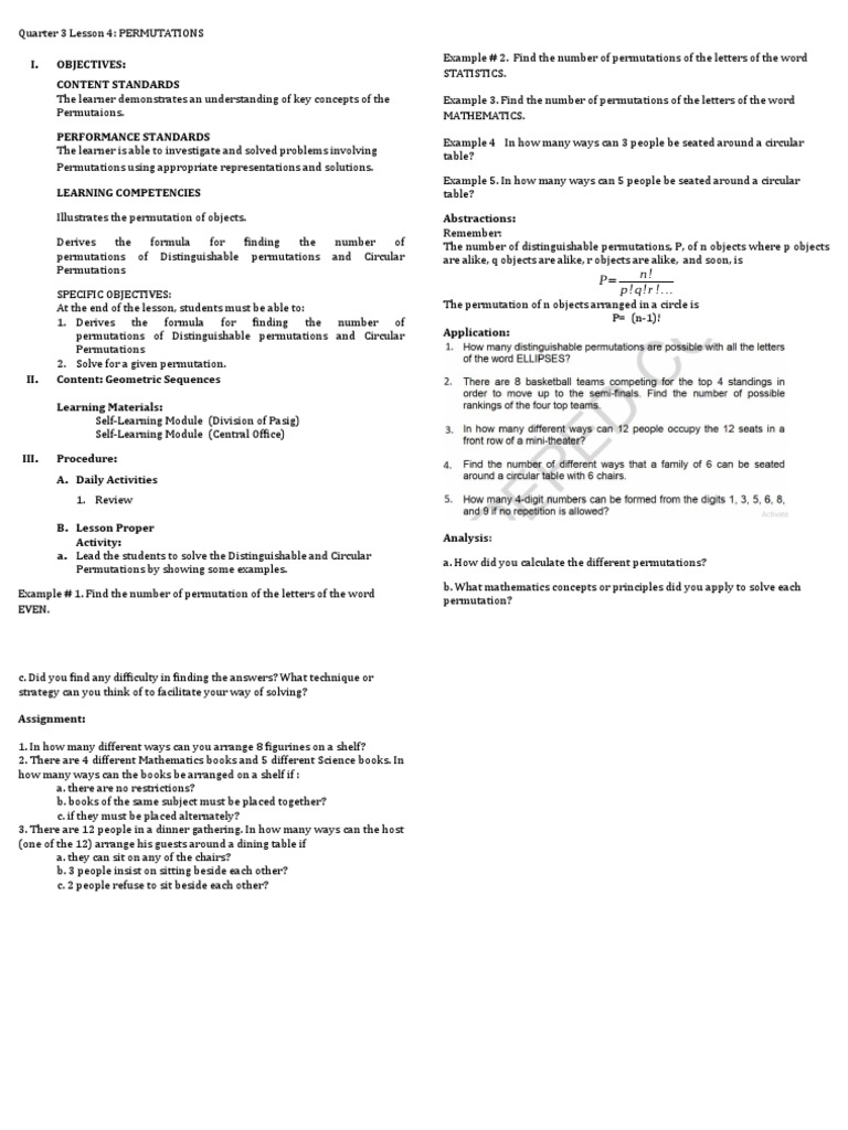 Q3 L4 Permutations | PDF | Permutation | Learning