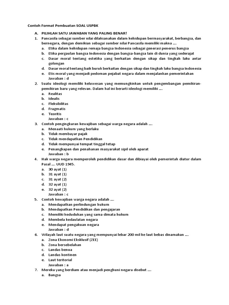 Contoh Format Pembuatan SOAL USPBK | PDF