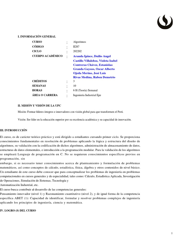 Sílabo II287 - Algoritmos - 202202 | PDF | Algoritmos | Programa de computadora