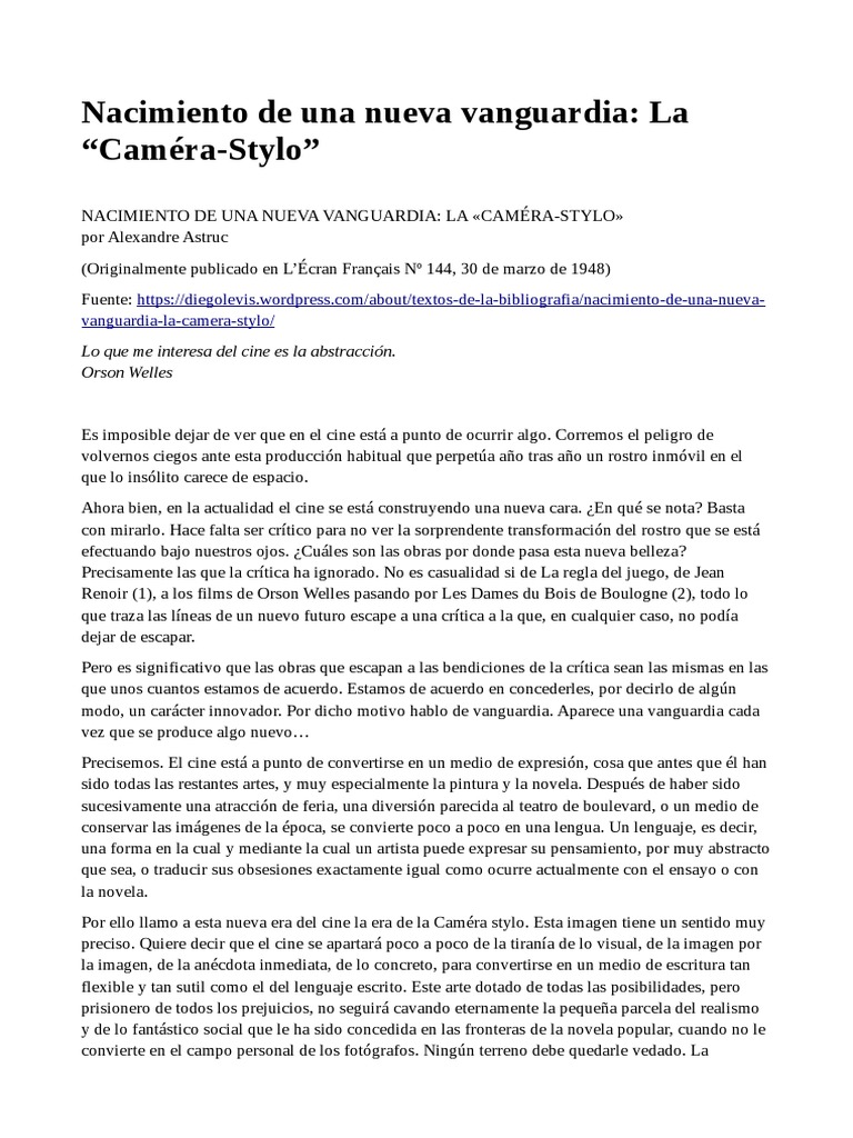 Nacimiento de Una Nueva Vanguardia. La Camera Stylo - Alexandre Astruc ...
