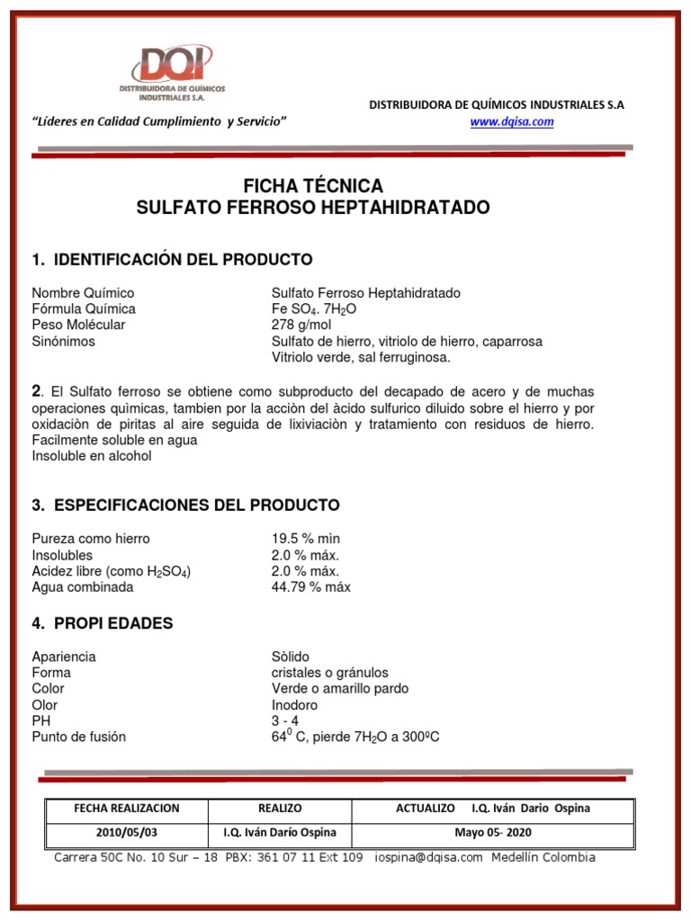 Sulfato Ferroso Heptahidratado PDF | PDF | Hierro | Sustancias químicas