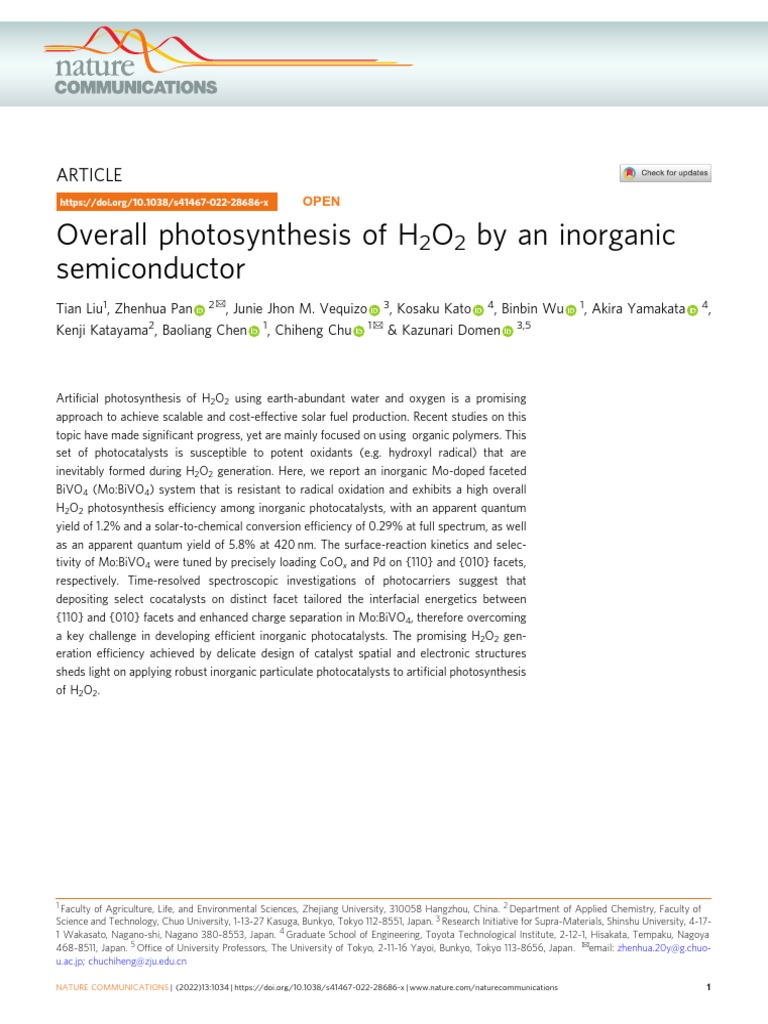 Overall Photosynthesis of H O by An Inorganic Semiconductor: Article ...