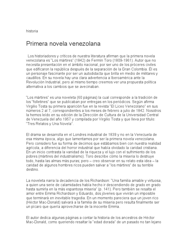 Primera novela venezolana: "Los mártires" | PDF | Novelas | Venezuela
