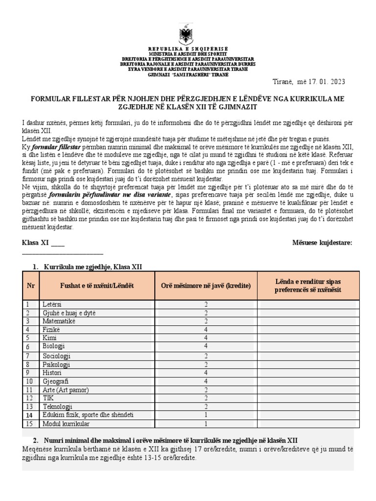 Formular Fillestar Për Njohjen Dhe Përzgjedhjen e Lëndëve Nga Kurrikula Me Zgjedhje Në Klasën ...