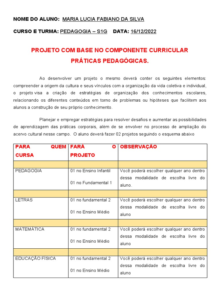 Projeto de Práticas Pedagógicas | PDF | Pedagogia