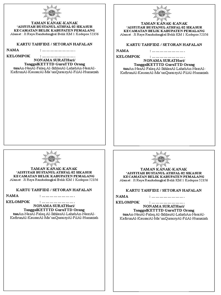 Kartu Tahfidz TK | PDF