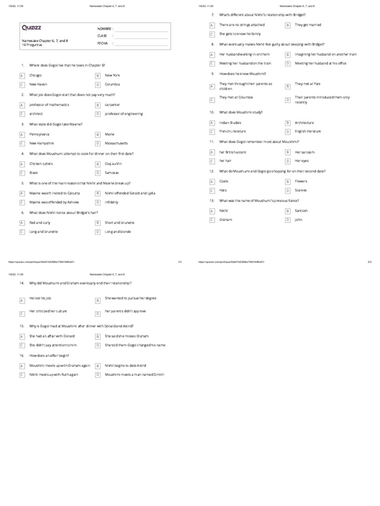 Namesake Chapter 6, 7, and 8 Quiz | PDF