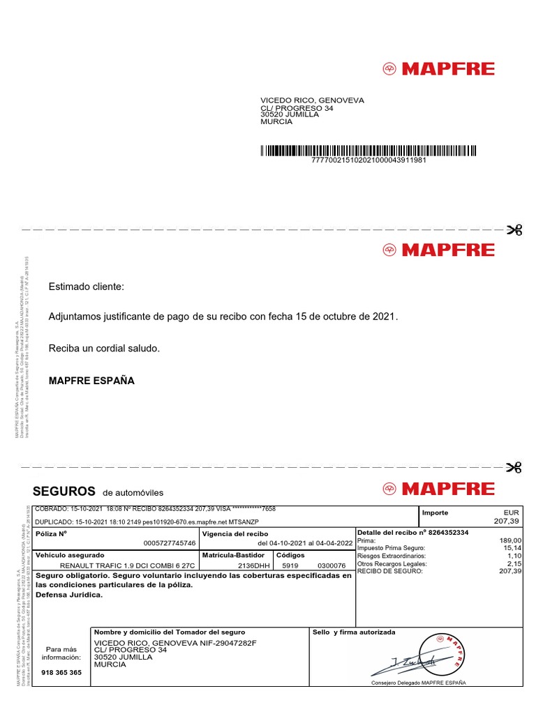 Recibo de Mafre PDF | PDF | Seguro | Economias