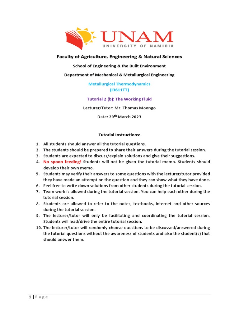 Metallurgical Thermodynamics Tutorial 2 | PDF | Enthalpy | Gases