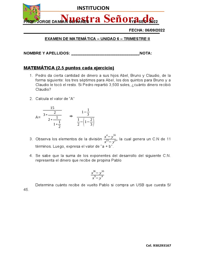 EXAMEN DE MATE 1y2 SEC 6 UNIDAD | PDF