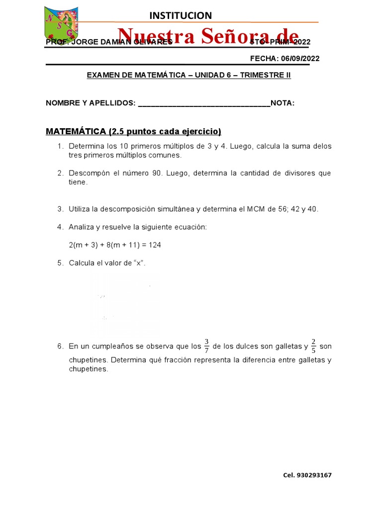 Examen de Mate 5to Prim 6 Unidad | PDF